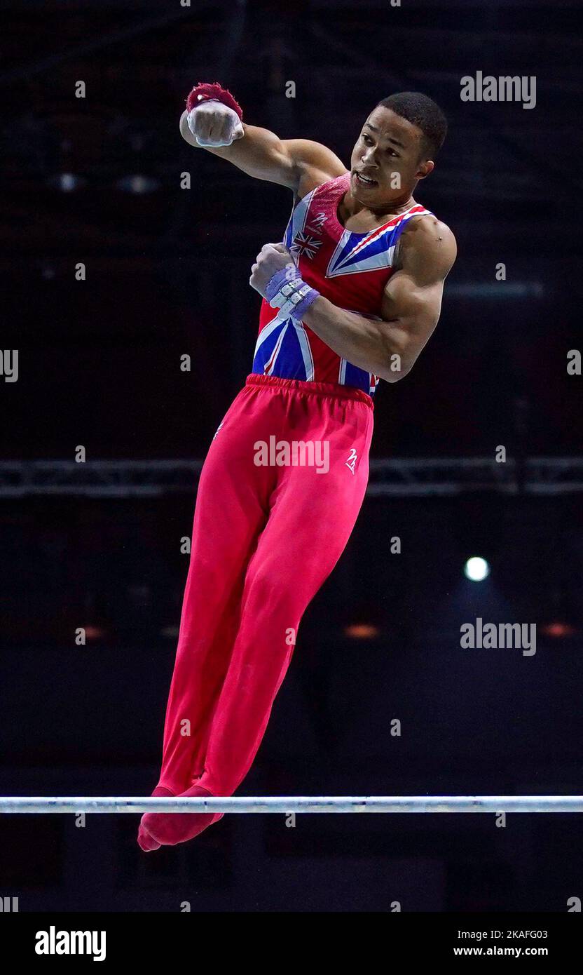 Great Britain's Joe Fraser performing on the horizontal bar during day ...
