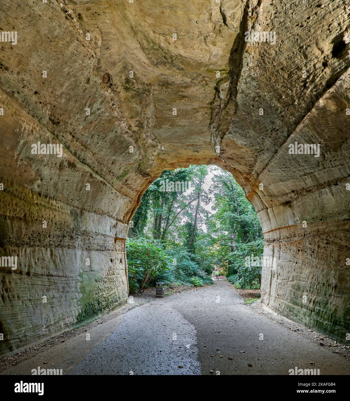 Unlined rock roof of lower Park Tunnel looking toward lower exit Stock ...