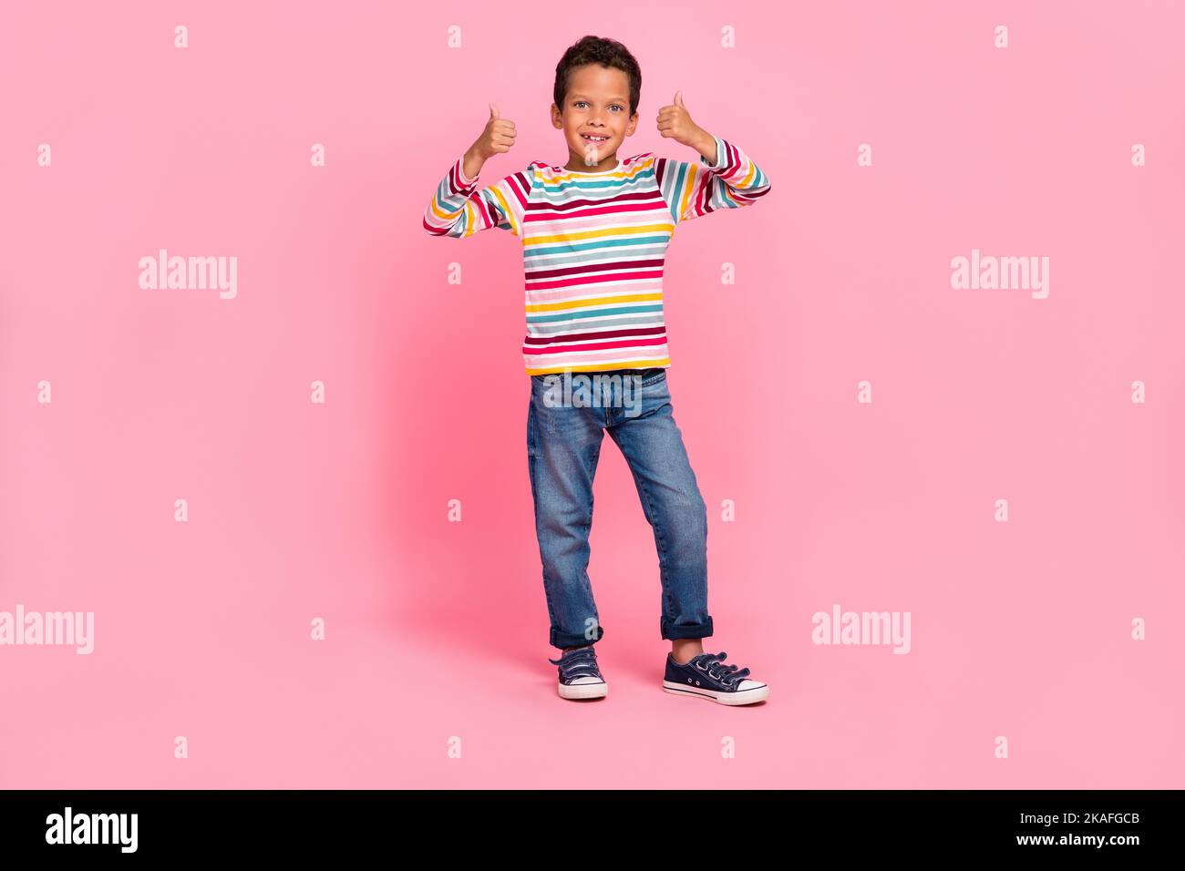 Full size photo of positive friendly good mood boy dressed striped ...