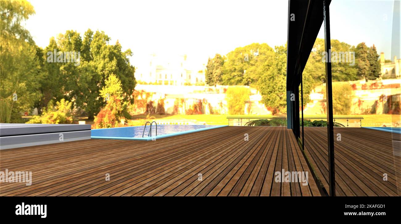 Wooden terrace with a swimming pool on the roof of a private estate ...