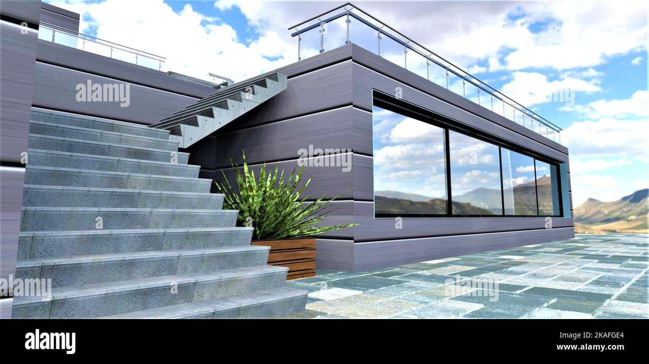 Stairs made of concrete to the second floor to the terrace of a stylish ...