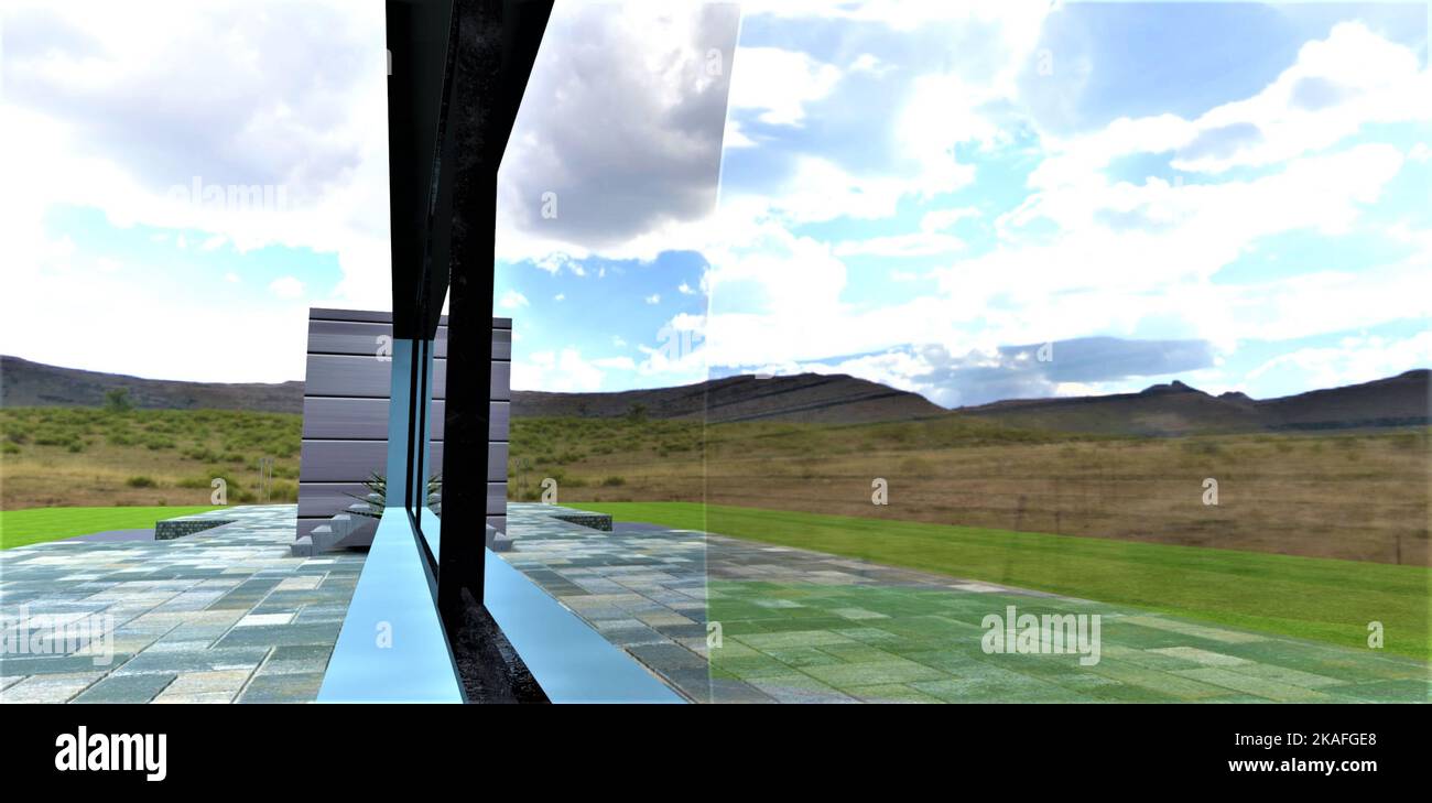 The distorted environment is reflected in the panoramic window of an ...