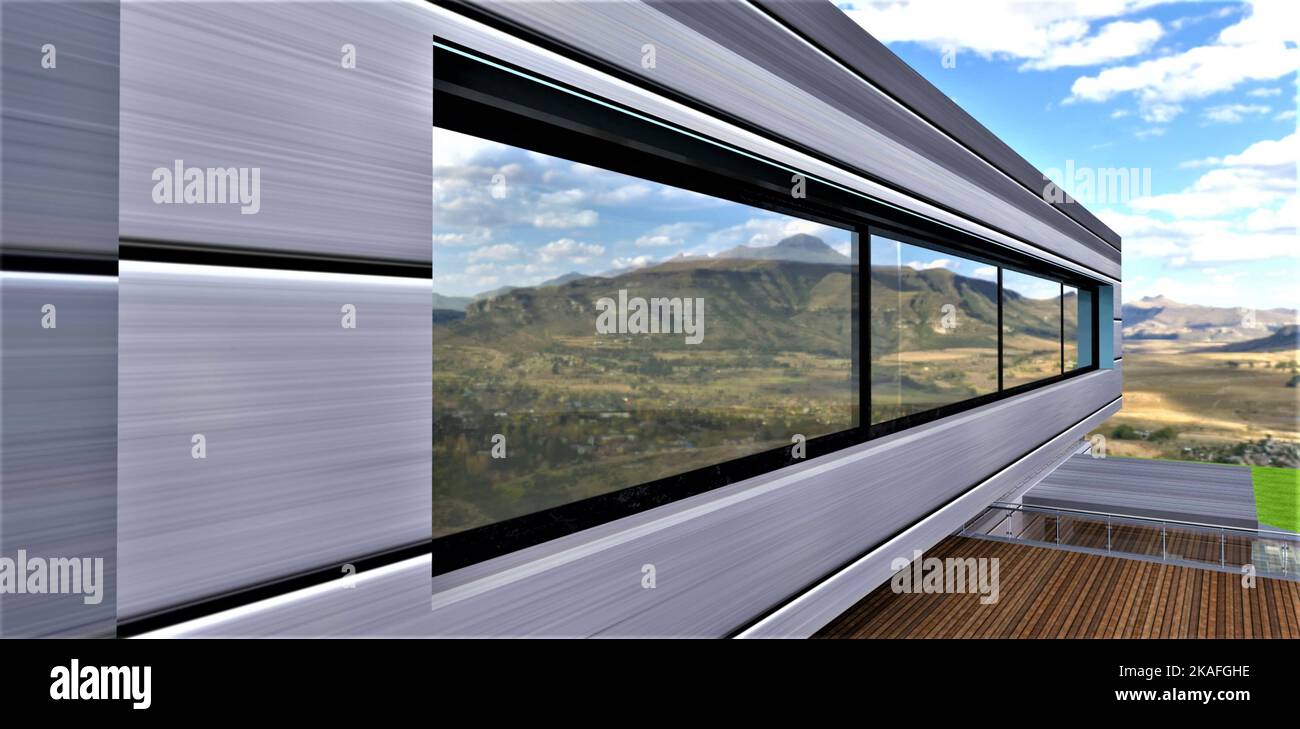 The concept of a panoramic window of a futuristic private house. Six ...