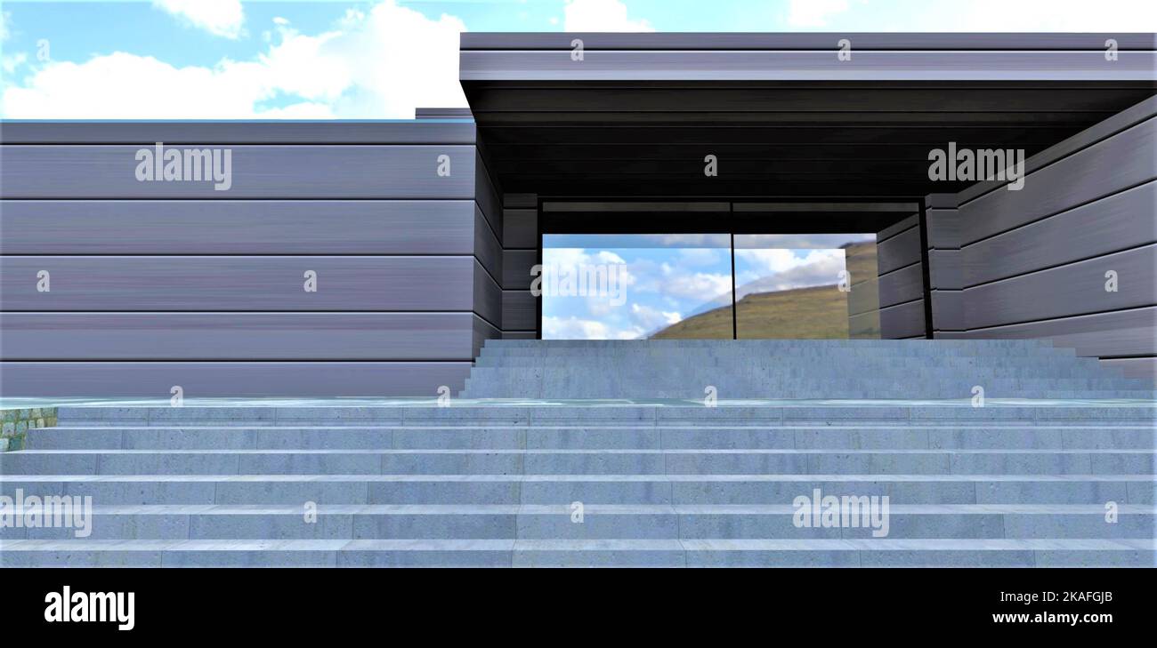 Wide staircase with comfortable concrete steps. Sliding automatic doors ...