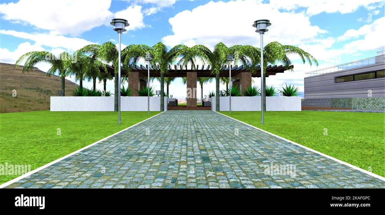 Pedestrian road, paved with natural cobblestones, with a white curb and ...