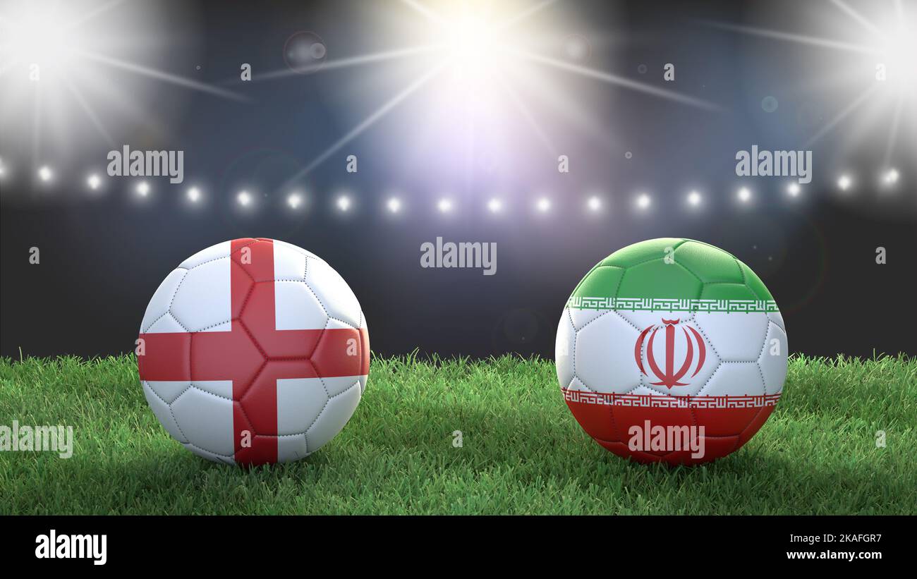 Two soccer balls in flags colors on stadium blurred background. England ...