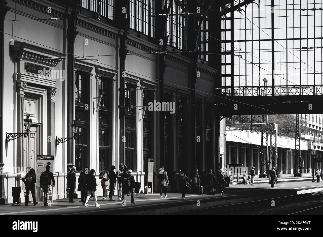 The crowd waiting in the train station of Budapest, grayscale Stock ...