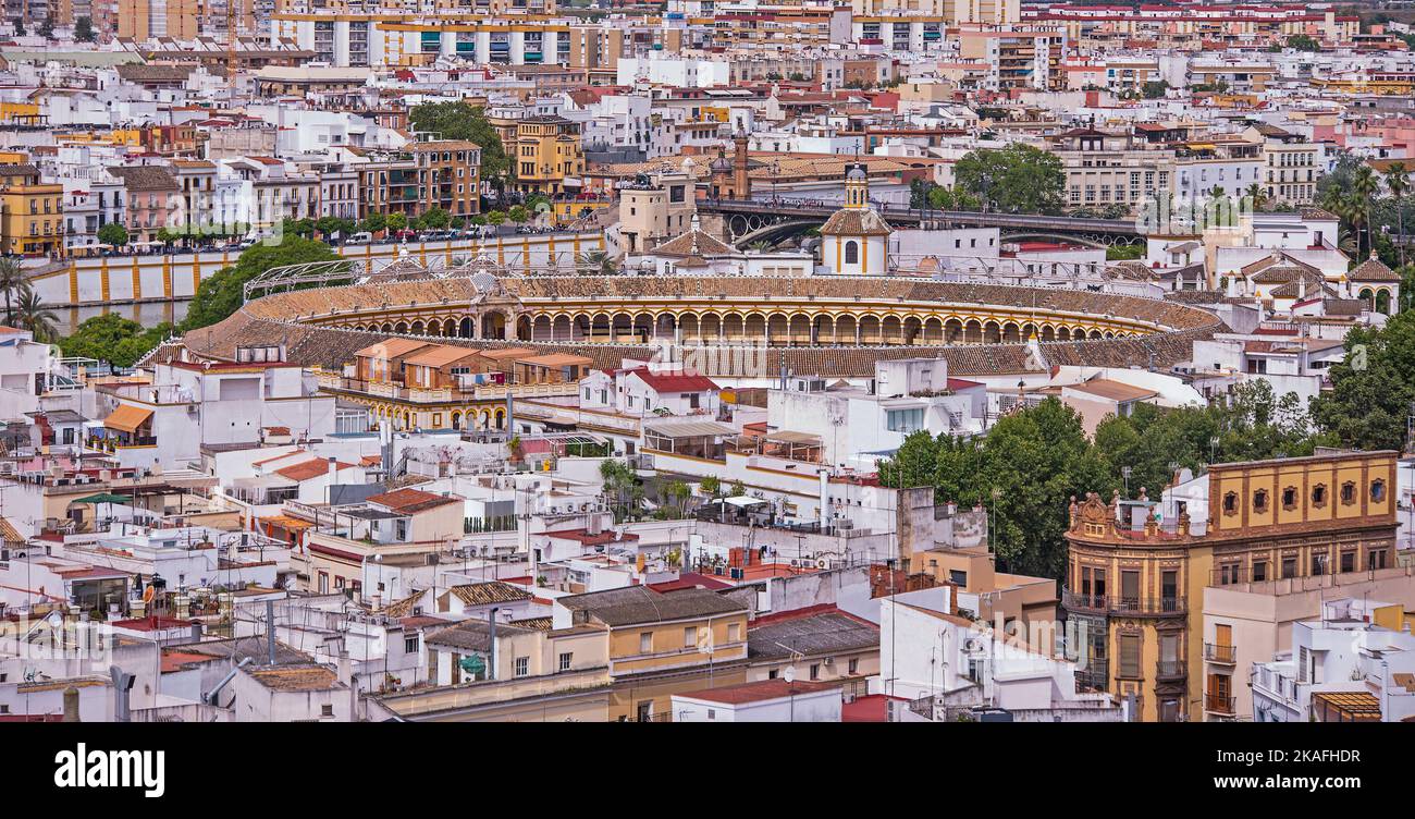 Roof top view of the Bull ring in the city Centre of Seville Spain ...
