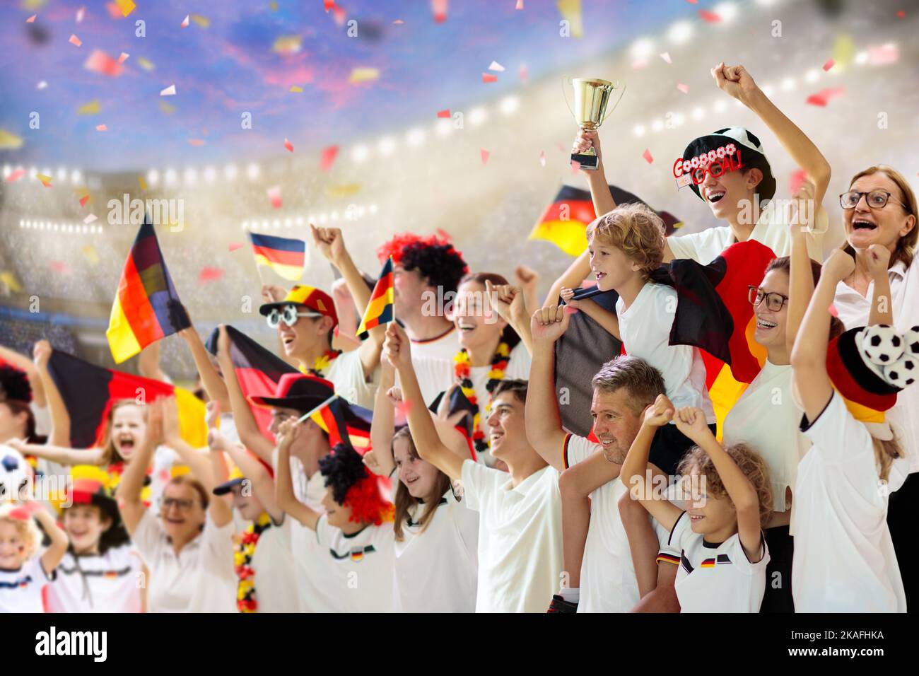 Germany football supporter on stadium. German fans on soccer pitch ...
