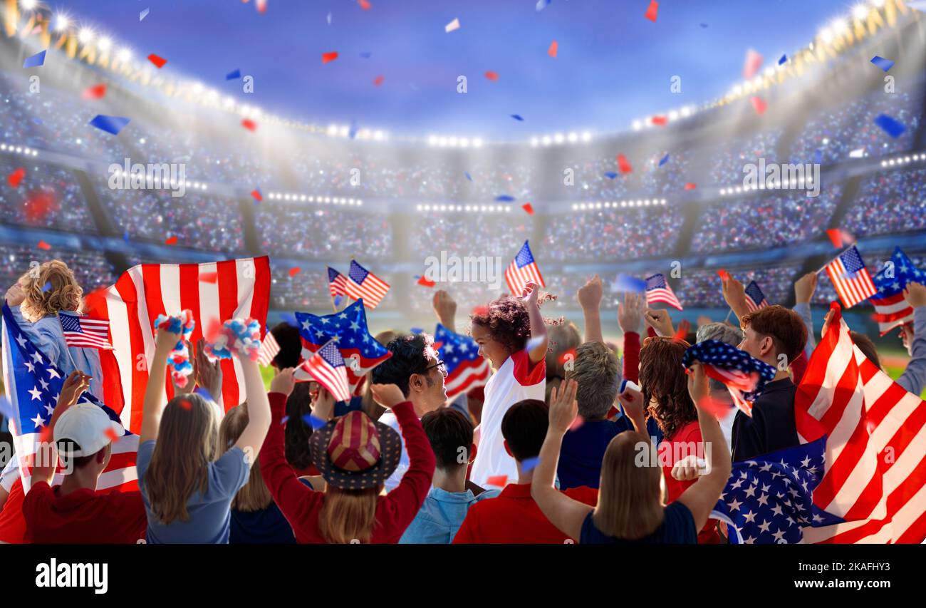 American football supporter on stadium. US fans on soccer pitch ...