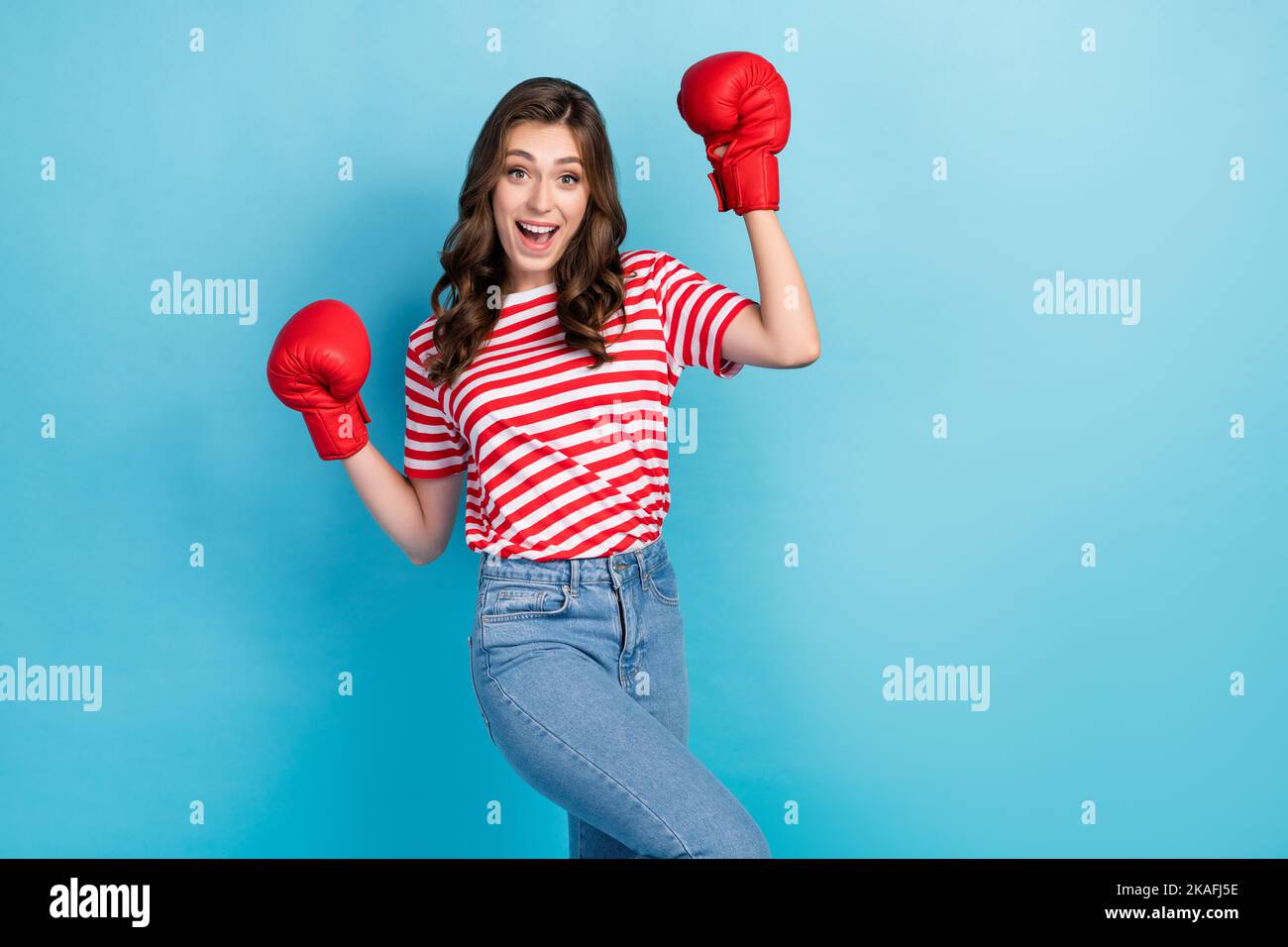 Photo of positive pretty lady celebrate success achievement champion ...