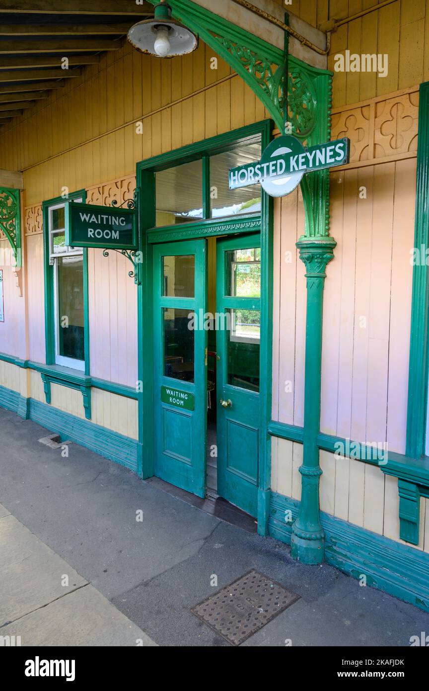 Wood panelled facade of vintage Horsted Keynes train station building ...