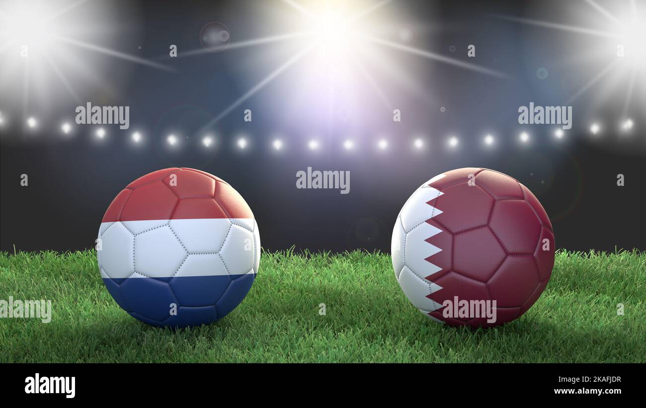 Two soccer balls in flags colors on stadium blurred background ...