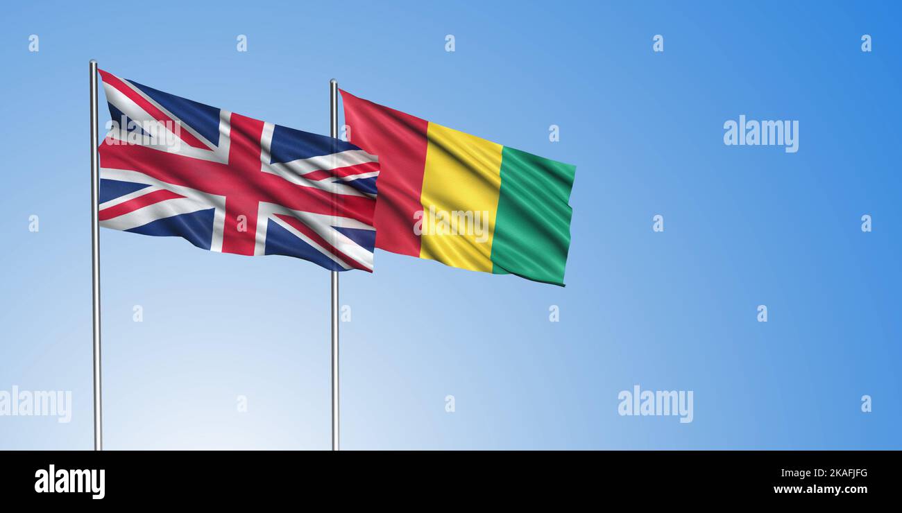 United Kingdom flag and Guinea flag, with blue sky Stock Photo - Alamy