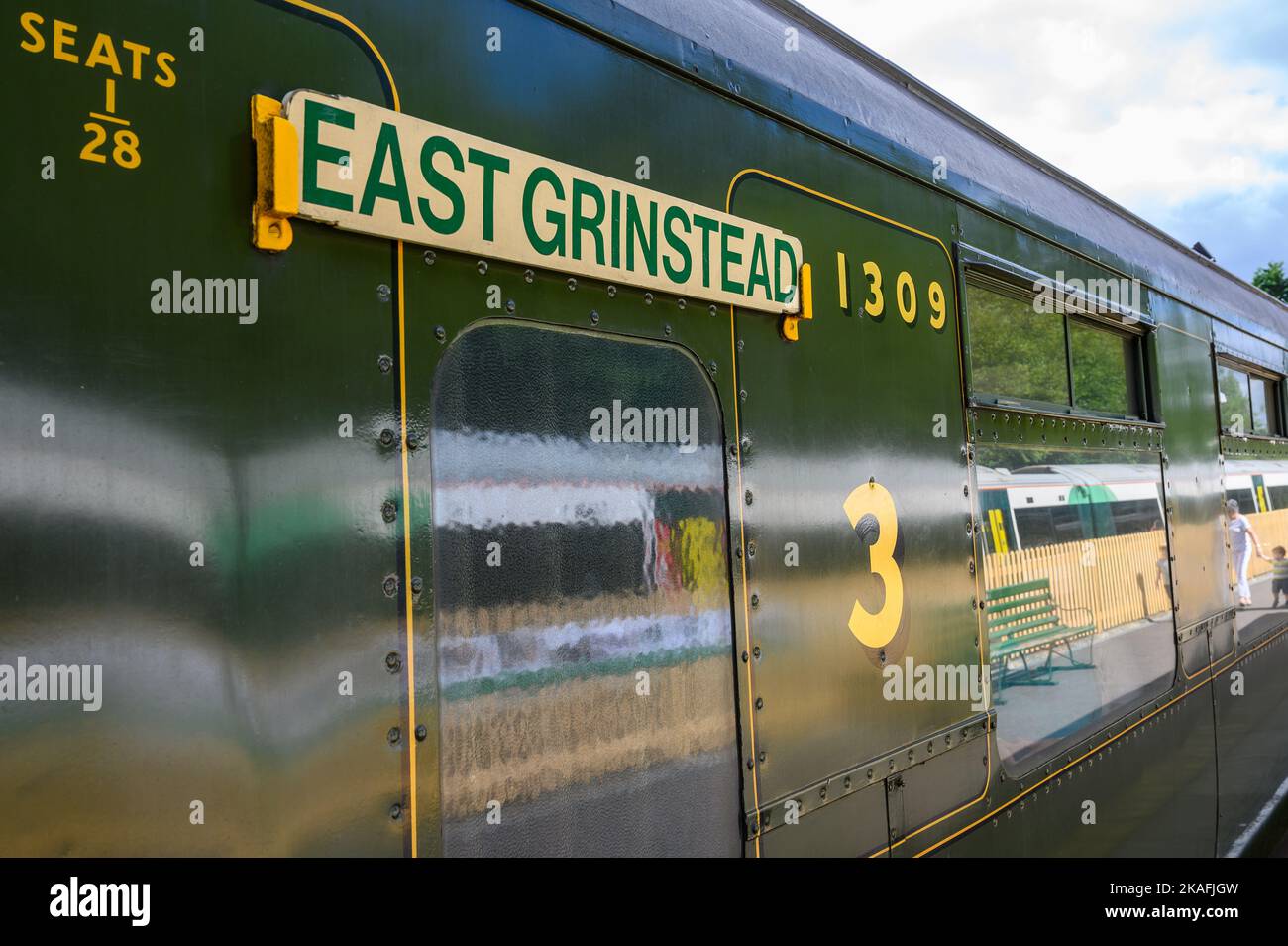Closeup of a vintage passenger carriage on the Bluebell Railway line at ...