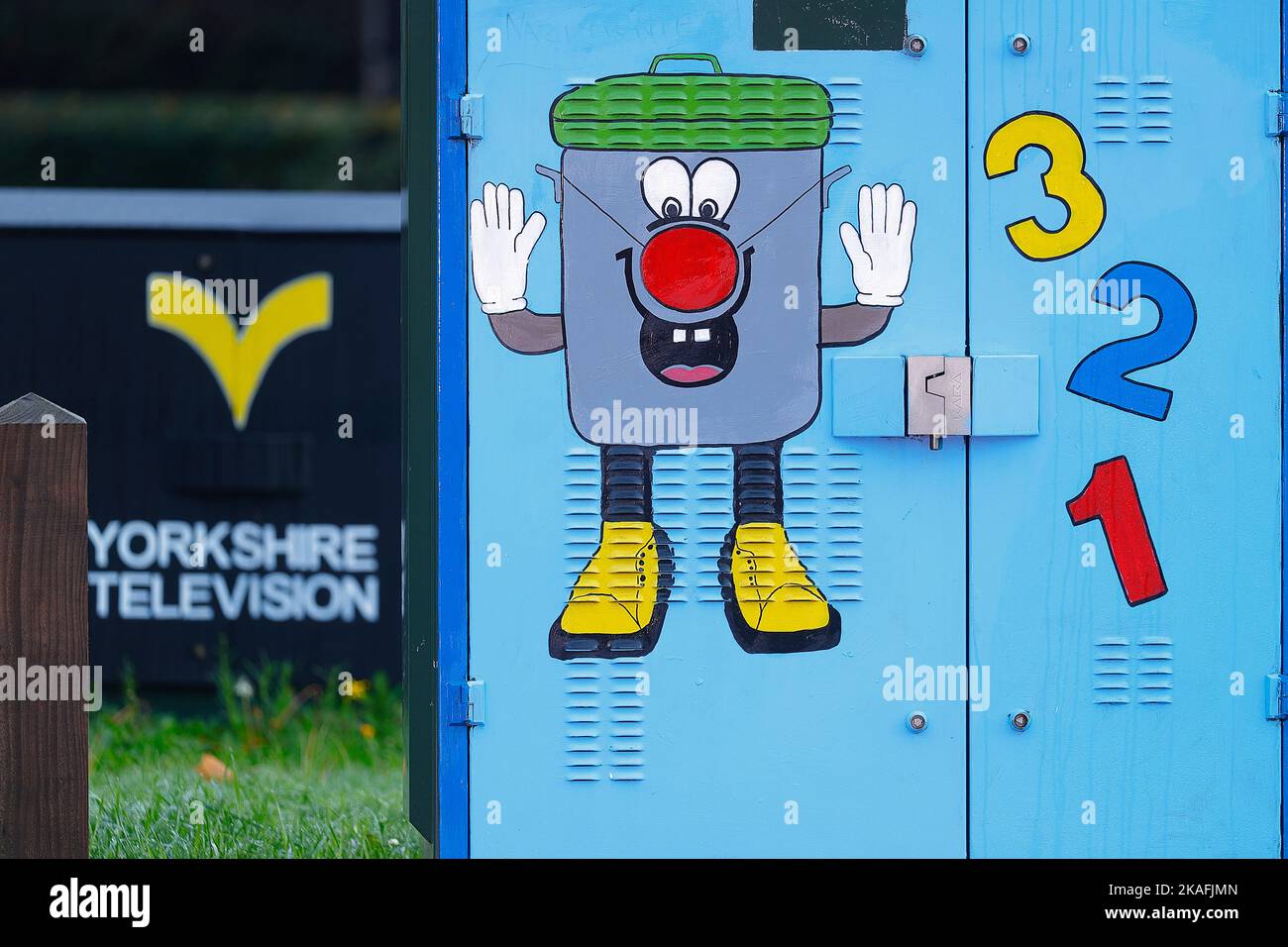 Artwork of Dusty Bin on a BT box outside ITV Studios on Kirkstall Road ...