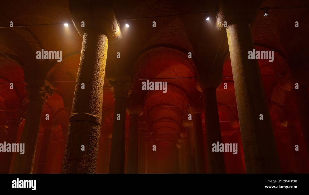Columns and vaults of a citern. Byzantine architecture background photo ...