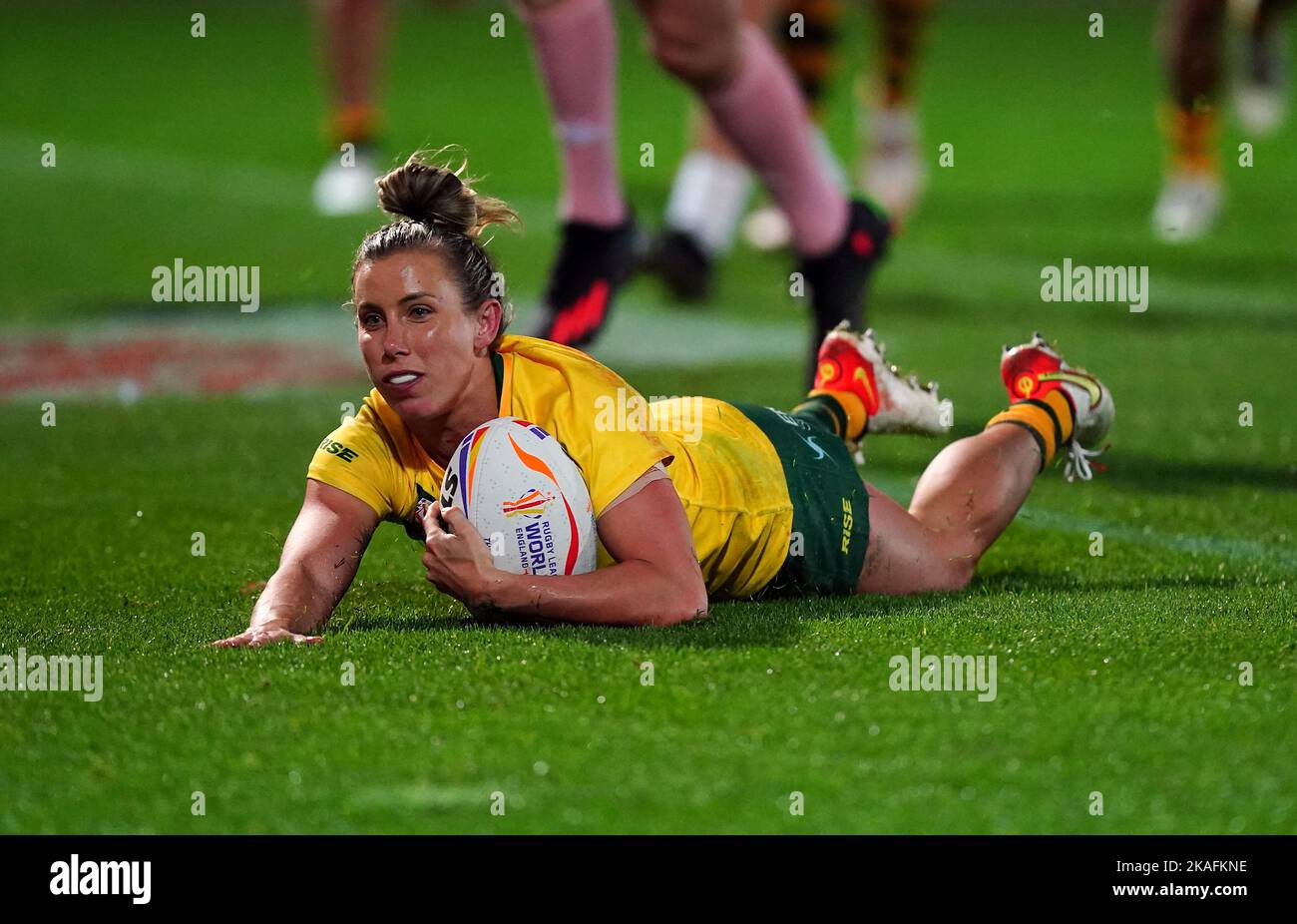 Australia’s Samantha Bremner dives in to score a try during the Women's ...