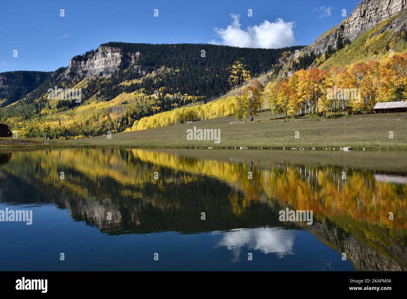 A scenic view of the lake reflection along the Million Dollar Highway ...