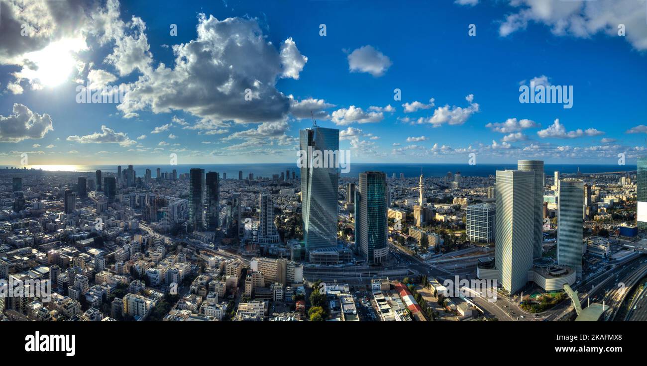 Aerial view of tel aviv skyline with urban skyscrapers and blue sky ...