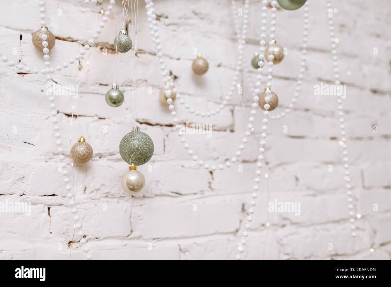 Christmas, New Year composition. Antler with shiny white, gold, green ...