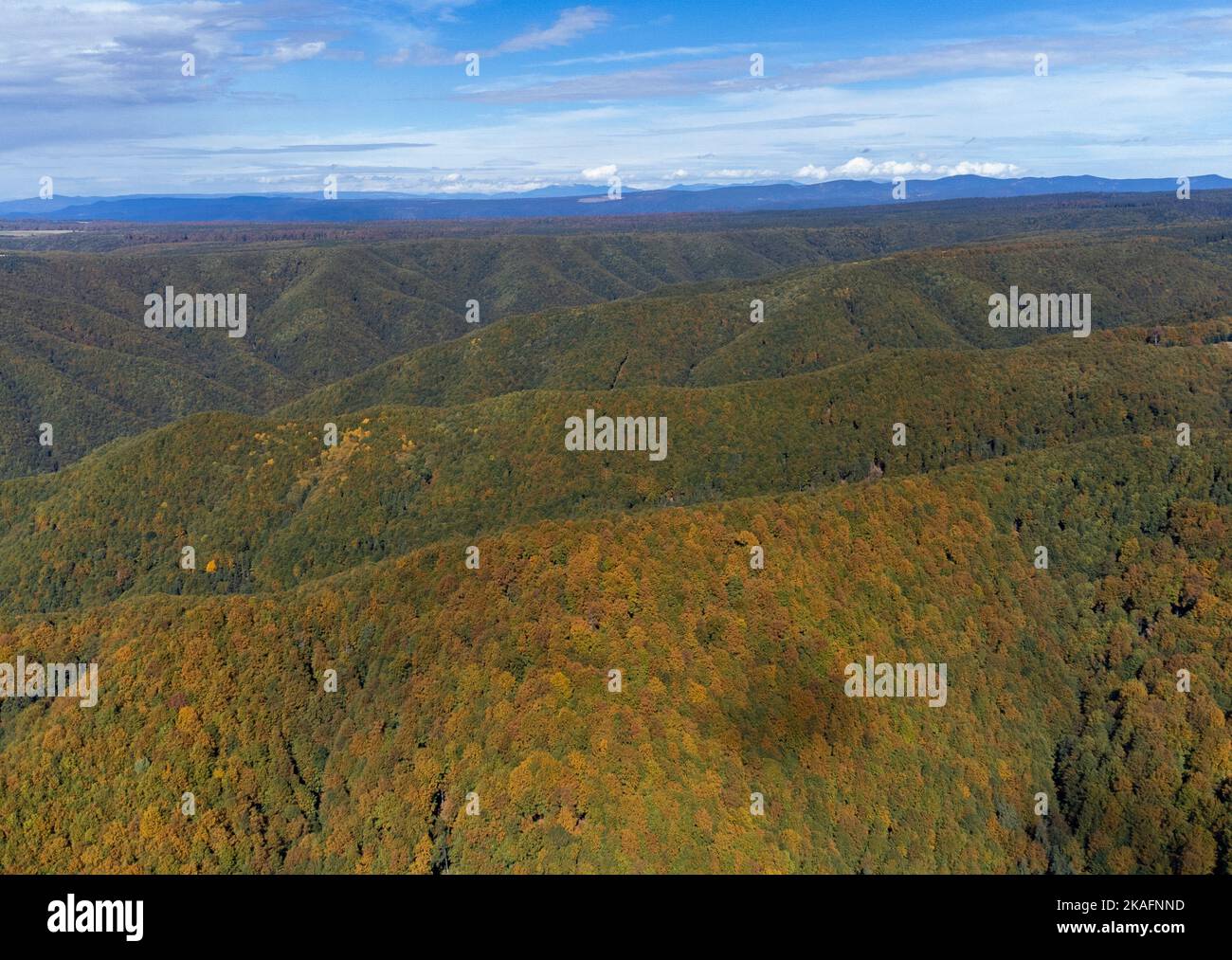 Aerial landscape with successive hills and valleys, natural Stock Photo ...