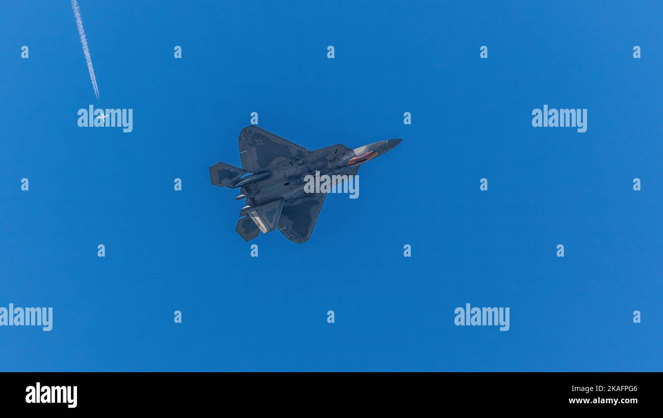 A closeup shot of an F-18 flying during Orlando Air and Space Show 2021 ...