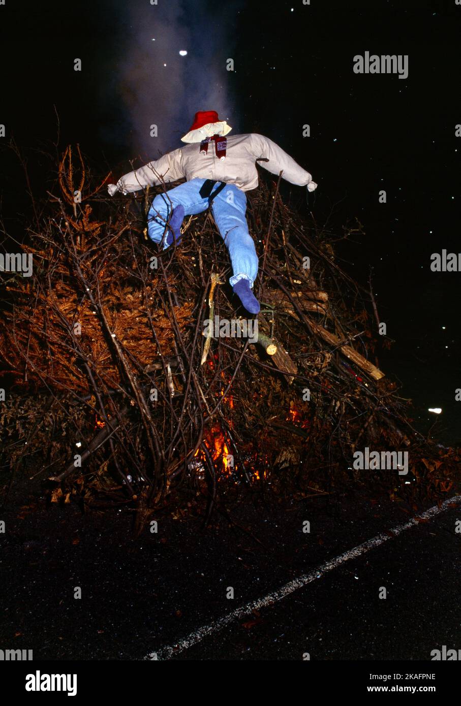 Guy Fawkes Night Guy On Top Of Burning Bonfire Surrey England Stock ...