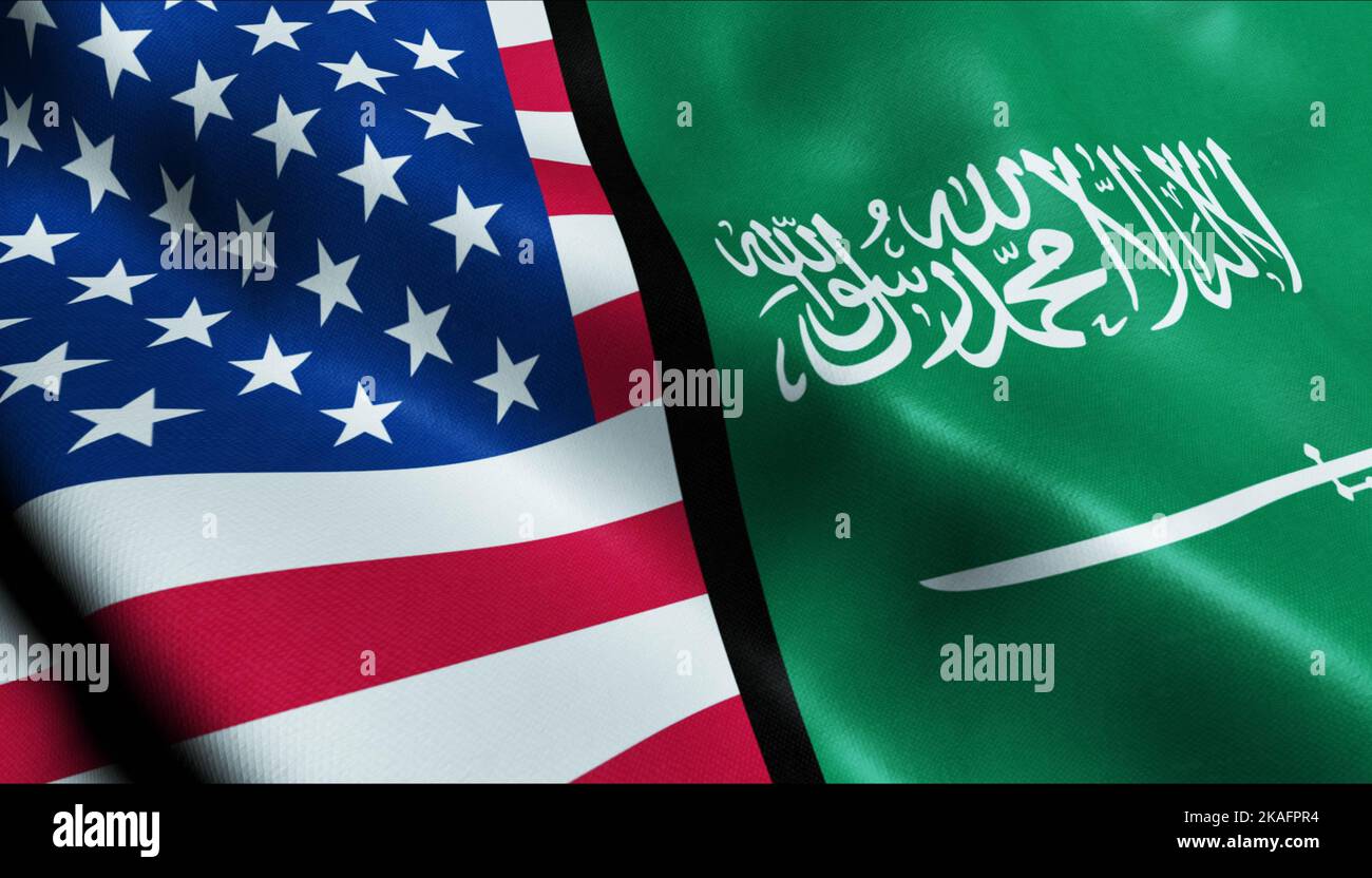 3D Waving Saudi Arabia and USA Merged Flag Closeup View Stock Photo - Alamy