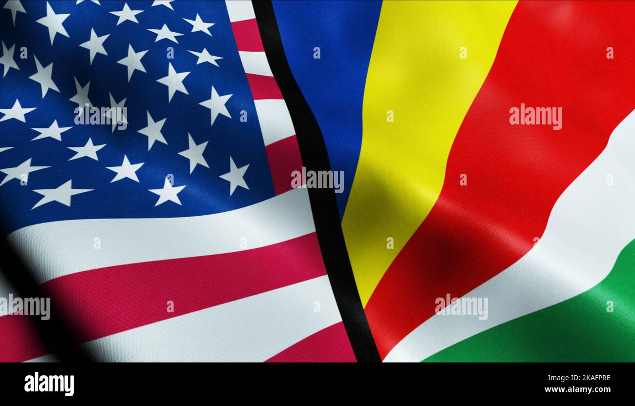 3D Waving Seychelles and USA Merged Flag Closeup View Stock Photo - Alamy