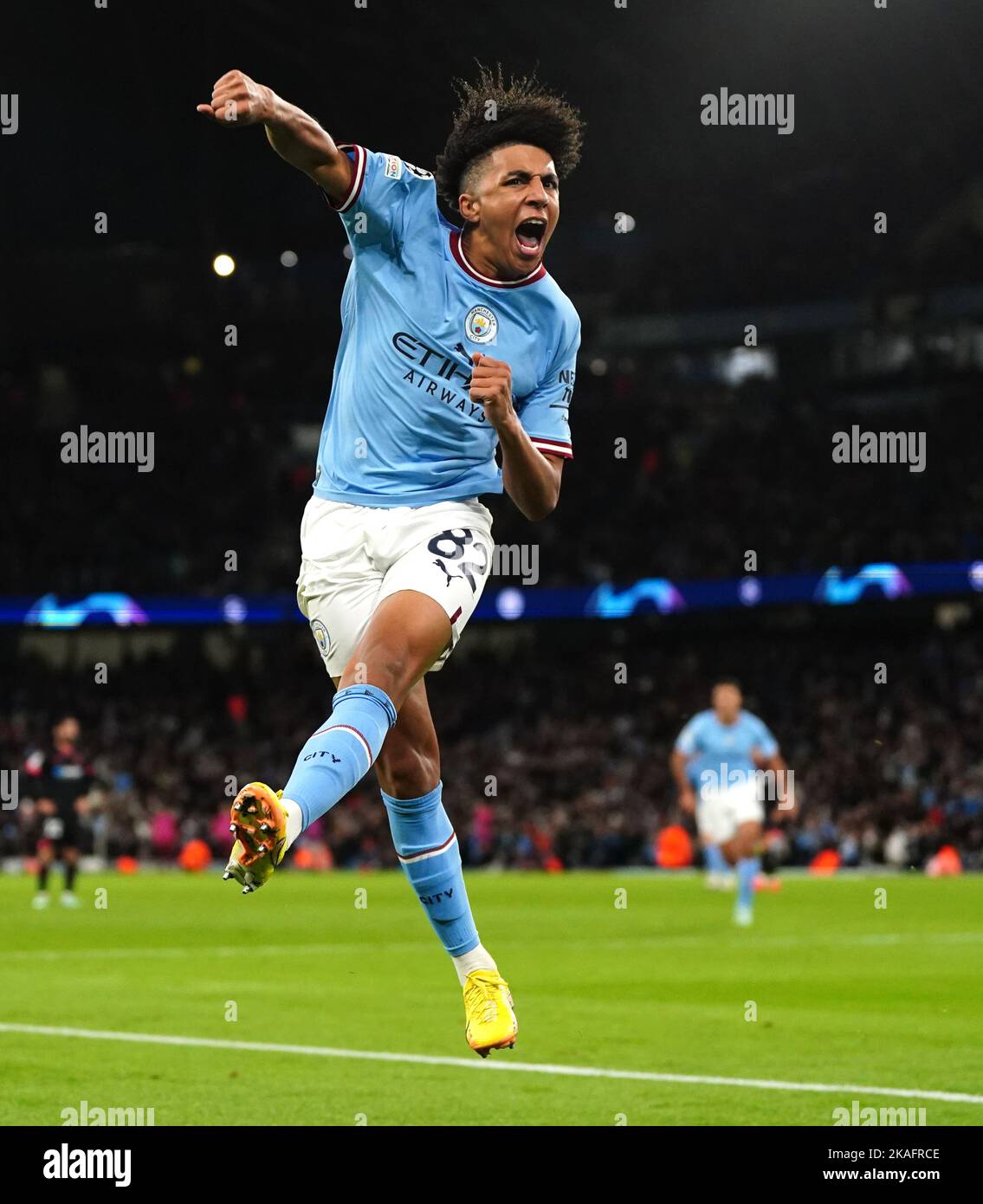Manchester City's Rico Lewis celebrates scoring their side's first goal ...