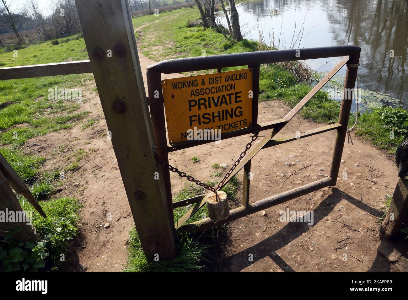 Private Fishing Sign on Gate river wey navigation surrey england Stock ...