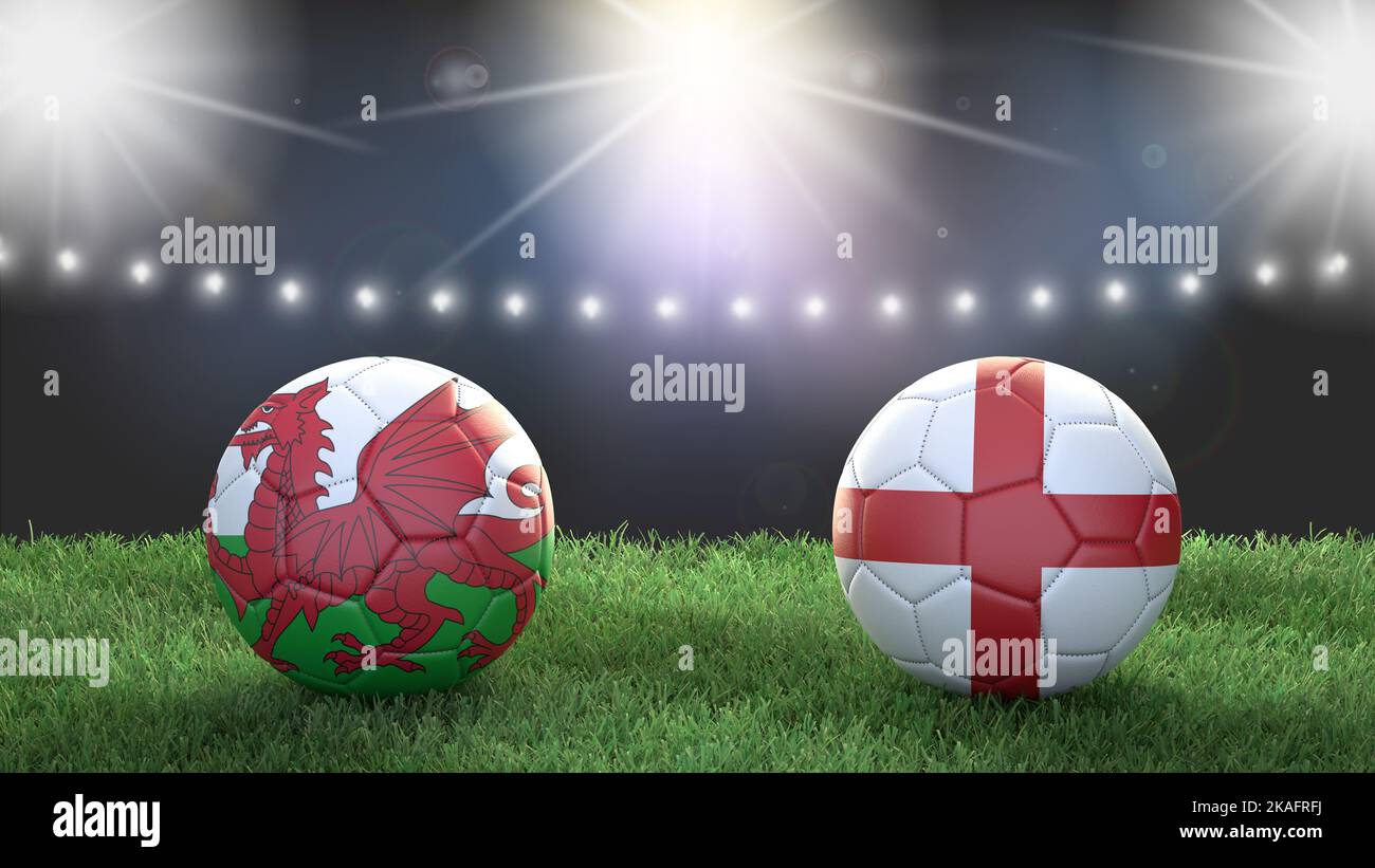 Two soccer balls in flags colors on stadium blurred background. Wales ...