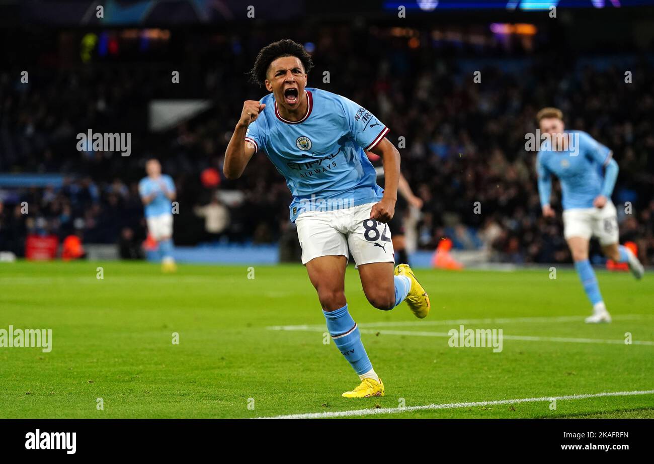 Manchester City's Rico Lewis celebrates scoring their side's first goal ...