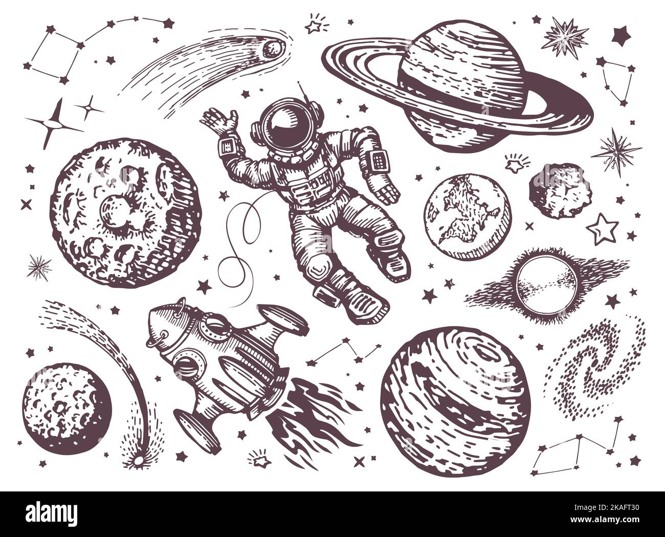 Space with planets, comets, constellations, stars, spaceship and ...