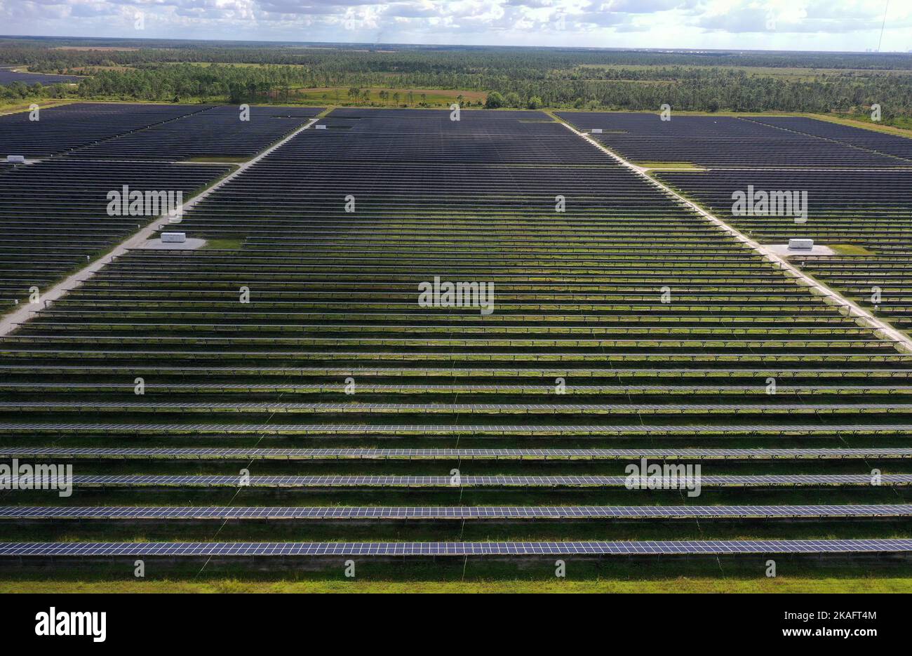 Aerial view of the 870 acre, 75-megawatt solar farm at Babcock Ranch ...