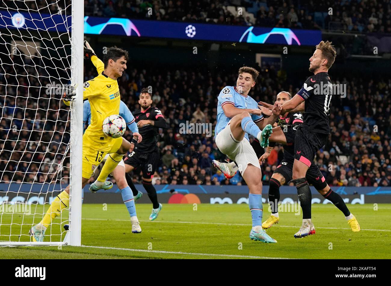 Manchester, UK. 2nd Nov, 2022. Yassine Bounou of Sevilla makes a save ...