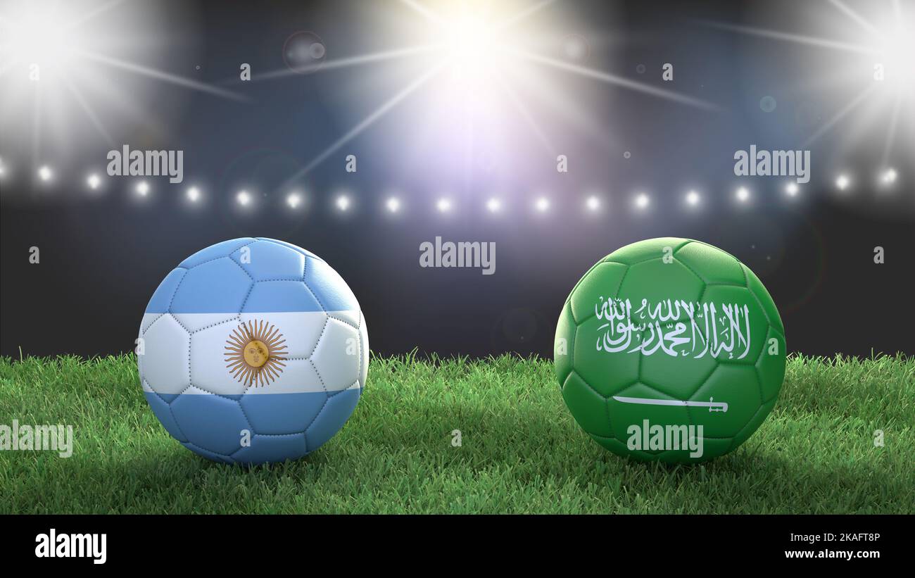 Two soccer balls in flags colors on stadium blurred background ...