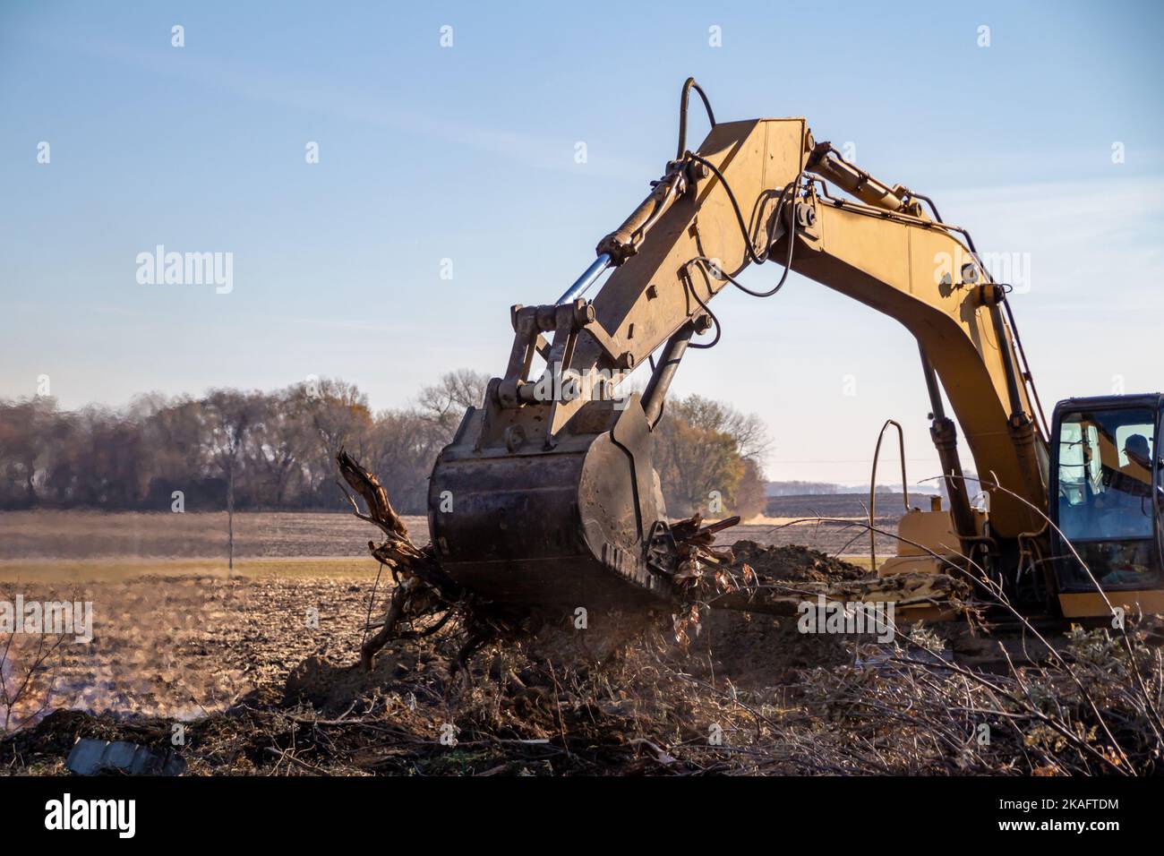Close up view of a heavy equipment excavator moving trees and wooden ...