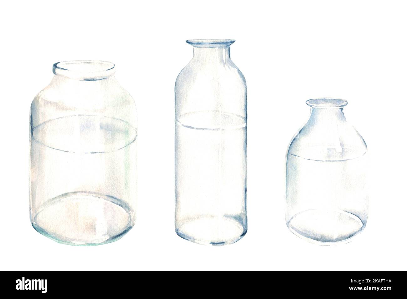 Set of transparent glass bottle, vase, jar of different shapes ...