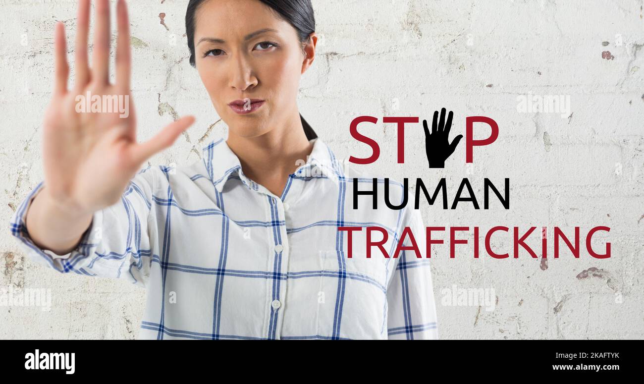 Composite of portrait of asian mid adult woman showing stop sign and ...