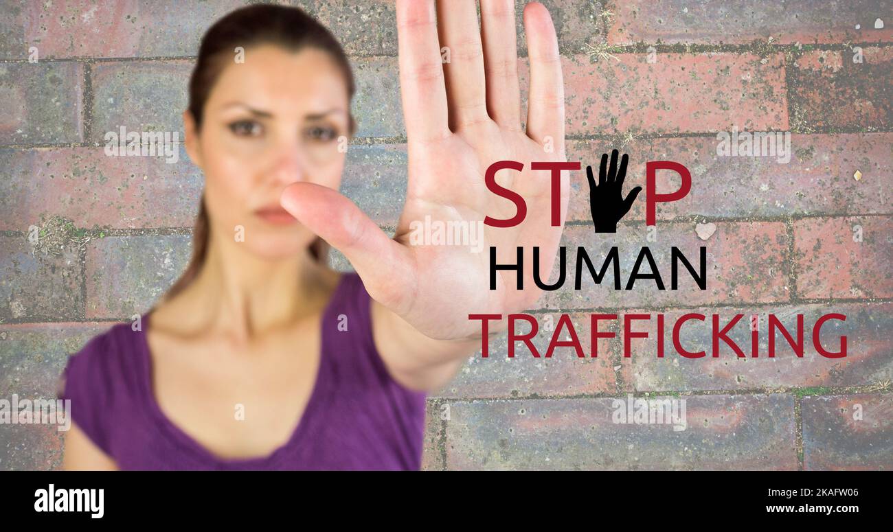Composite of stop human trafficking text and caucasian serious woman ...