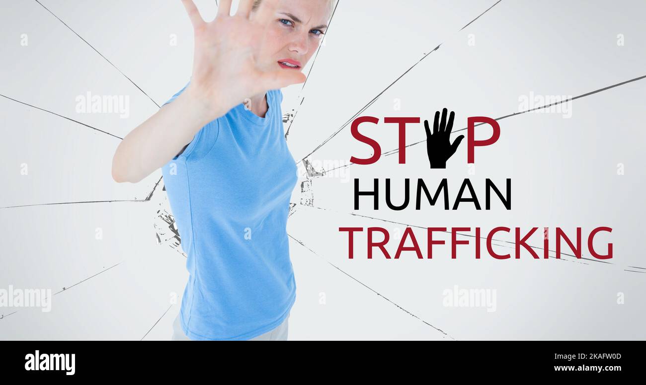 Composite of stop human trafficking text over caucasian woman showing ...