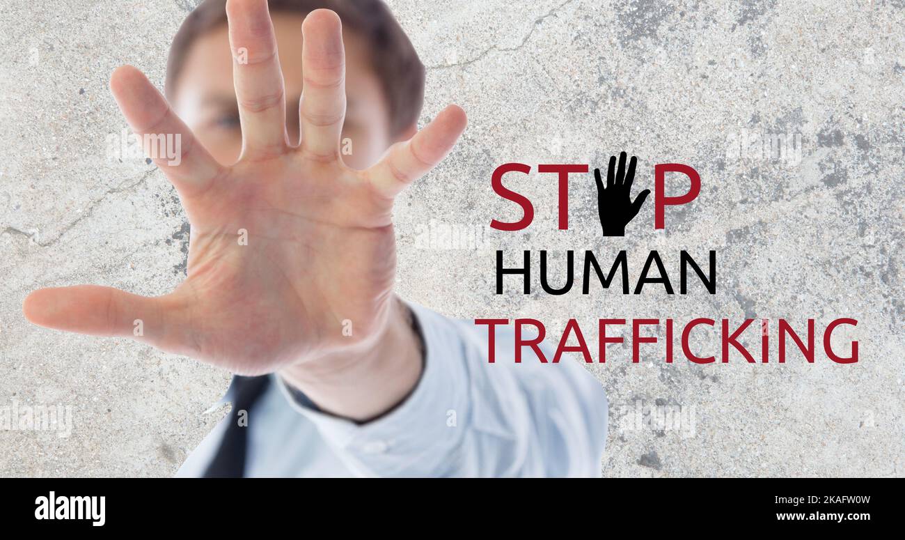Composite of stop human trafficking text and caucasian woman showing ...