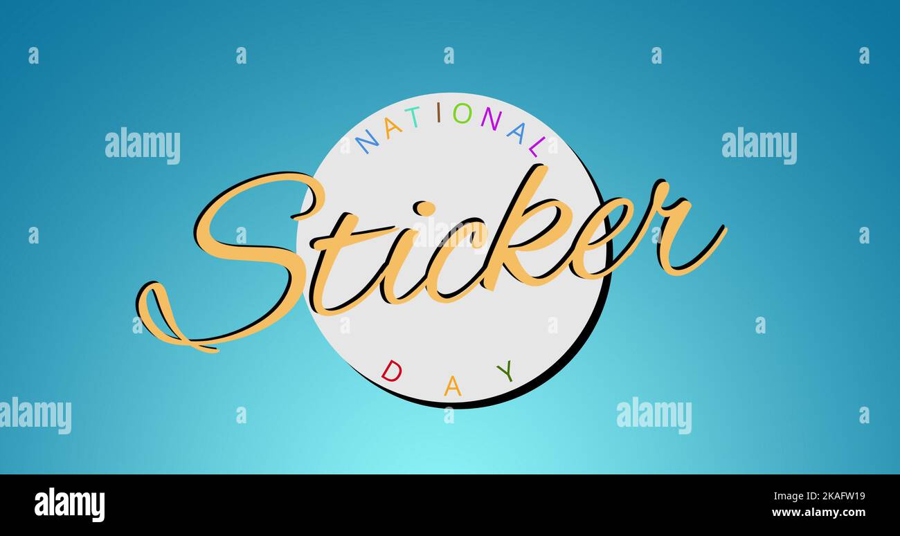 Illustration of national sticker day text in circle on blue background ...