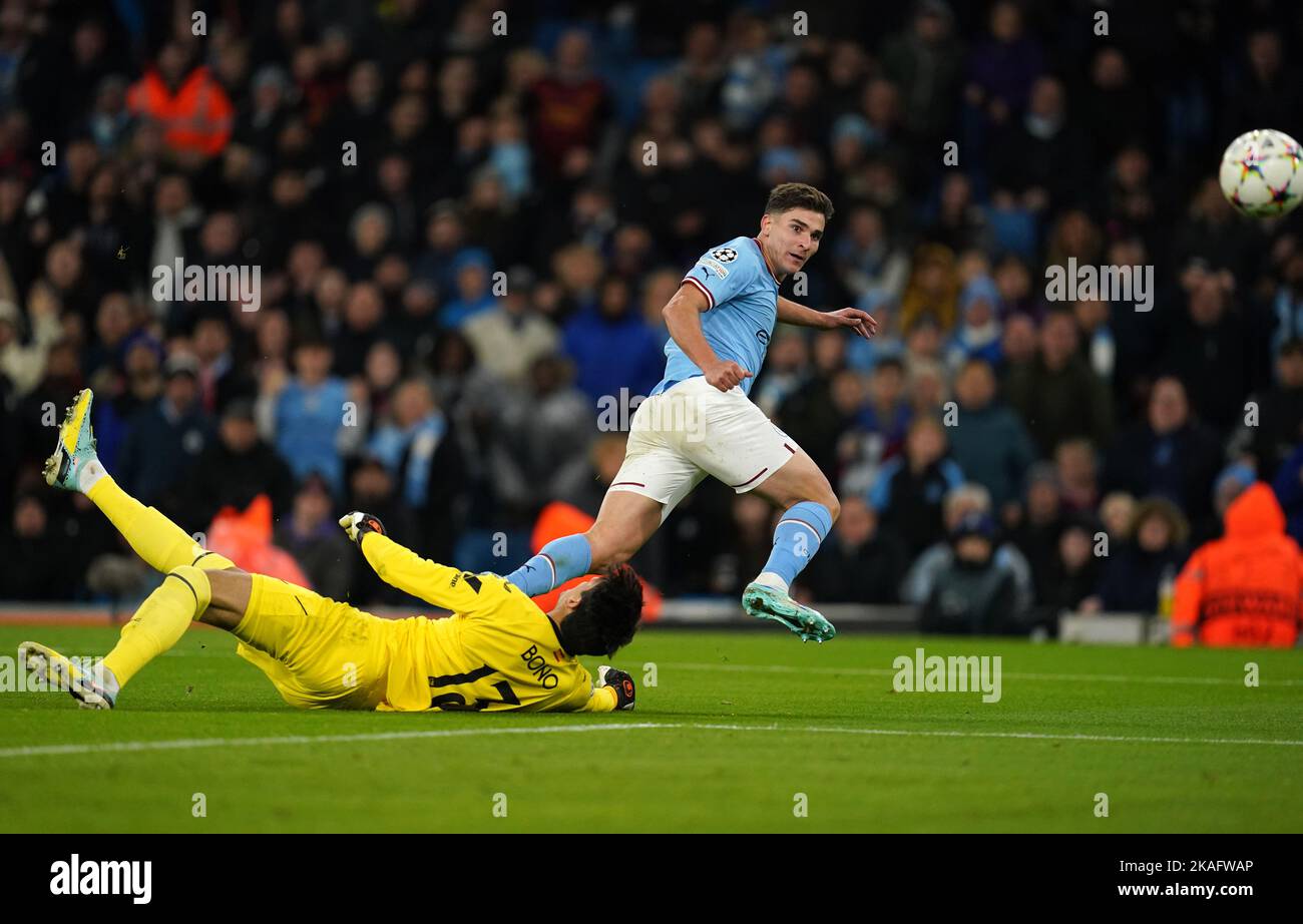 Manchester City's Julian Alvarez scores their side's second goal of the ...