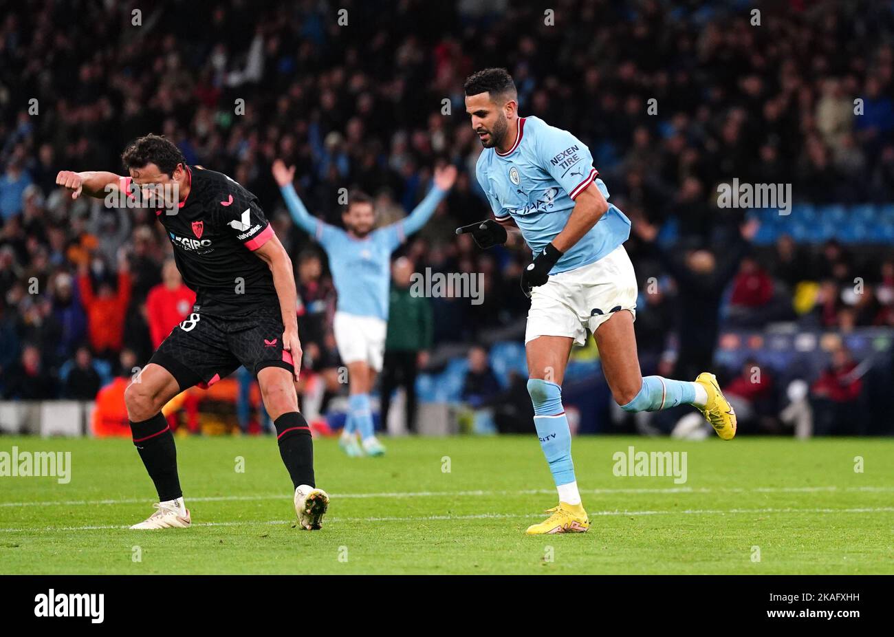 Manchester City's Riyad Mahrez celebrates scoring their side's third ...