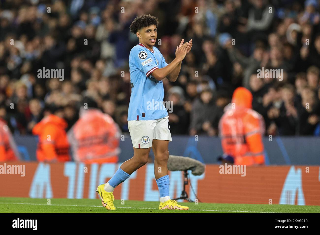 Rico Lewis #82 of Manchester City applauds the home fans during the ...