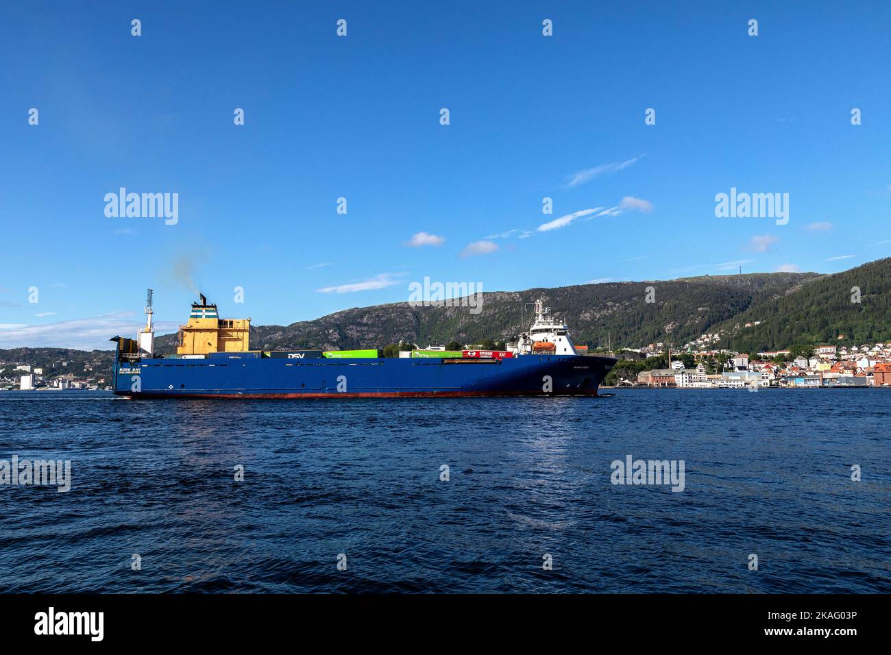 Ro-ro vessel Bore Bay at sea, arriving in the port of Bergen, Norway ...