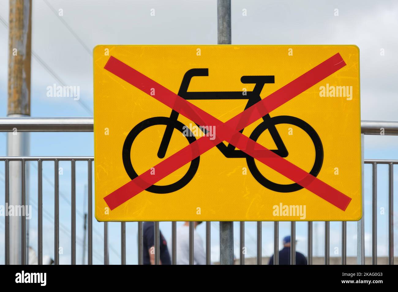 No bicycle entry sign. Improvised rectangular yellow sign with bike and ...